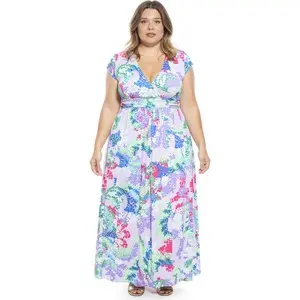 24SEVEN COMFORT APPAREL Abstract Print V-neck Maxi Dress - Purple Multi