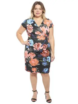 24SEVEN COMFORT APPAREL Floral V-neck Faux Wrap Knee Length Dress - Black Multi