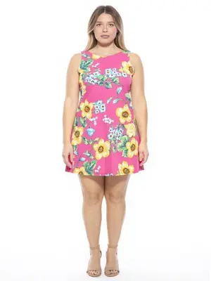 24SEVEN COMFORT APPAREL Floral Round Neck A-line Mini Shift Dress - Pink Multi