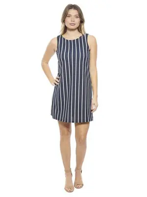 24SEVEN COMFORT APPAREL Striped Sleeveless Mini Shift Dress - Navy Multi