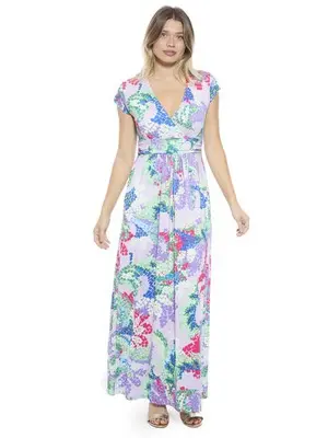24SEVEN COMFORT APPAREL Abstract V-neck Maxi Dress - Purple Multi