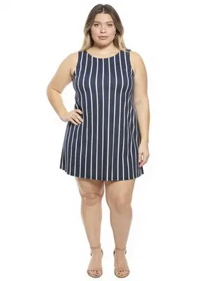 24SEVEN COMFORT APPAREL Striped A-line Mini Shift Dress - Navy Multi