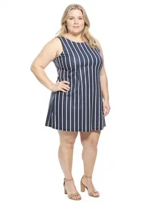 24SEVEN COMFORT APPAREL Striped A-line Mini Shift Dress - Navy Multi