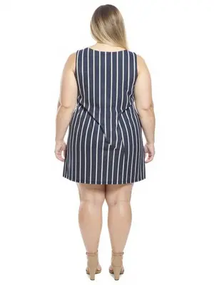 24SEVEN COMFORT APPAREL Striped A-line Mini Shift Dress - Navy Multi