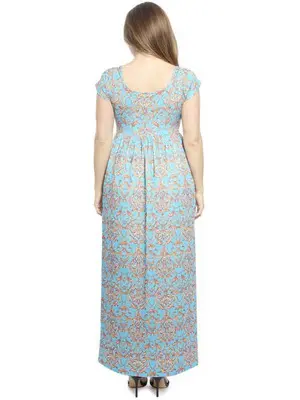 24SEVEN COMFORT APPAREL Abstract Square Neck Cap Sleeve Pleated A-line Maxi Dress - Blue Multi