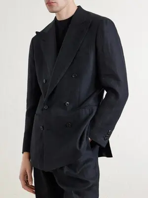 SAMAN AMEL Linen Double-breasted Blazer - Black