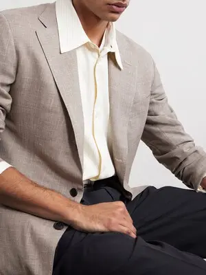 SAMAN AMEL Slim-fit Basketweave Wool, Silk, And Linen-blend Blazer
