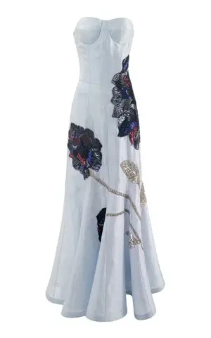 LA FUORI Strapless Floral Appliqué Gown - Blue
