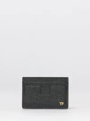 TOM FORD Flat Card Holder In Grained Calfskin With Metal Logo - Black