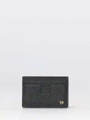 TOM FORD Flat Card Holder In Grained Calfskin With Metal Logo - Black