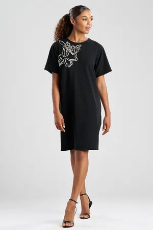 Natori Knit Crepe Embellished Short Sleeve Shift Dress