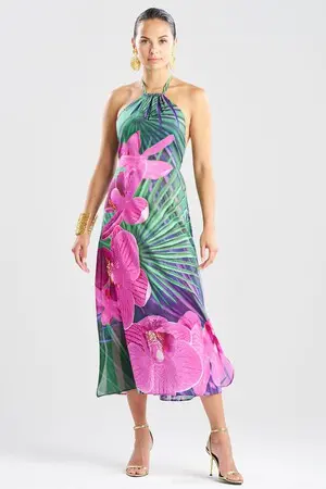 Natori Orchid Silk Cotton Voile Halter Dress