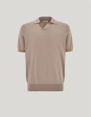 Canali Taupe Cotton Modal Polo Shirt With Leather Details