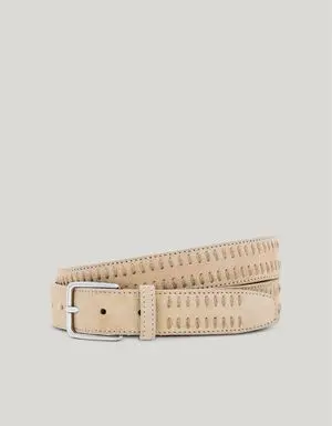 Canali Suede Belt With Decorative Stitching - Beige