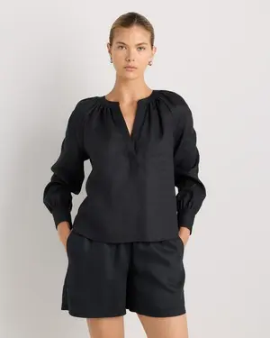 Quince 100% European Linen Peasant Top - Black