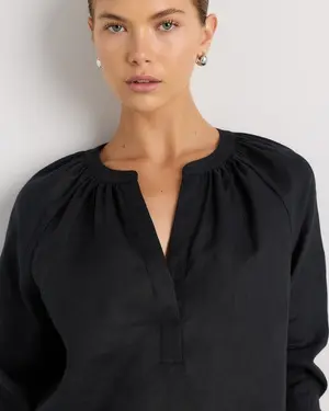 Quince 100% European Linen Peasant Top - Black