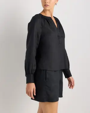 Quince 100% European Linen Peasant Top - Black