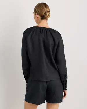 Quince 100% European Linen Peasant Top - Black