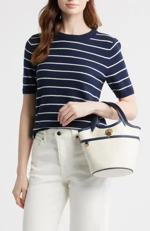 Veronica Beard Canvas Bucket Bag - Navy/ecru