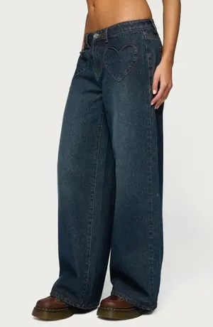 EDIKTED Heart Pocket Low Rise Wide Leg Jeans