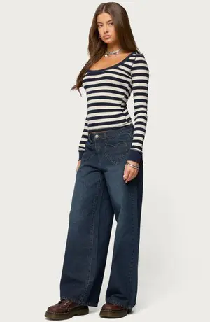 EDIKTED Heart Pocket Low Rise Wide Leg Jeans