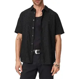 John Varvatos Sean Eyelet Cotton Short Sleeve Button-up Shirt - Black