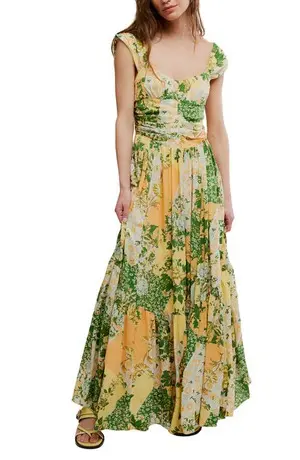 Free People Sasha Floral Mesh Midi Dress - Lemon Combo