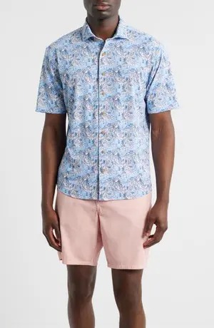 Johnnie-o Otto Tropical Print Knit Short Sleeve Button-up Shirt - Infinity