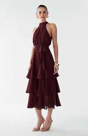 BWLDR Tony Midi Dress With Tiered Skirt And Belt