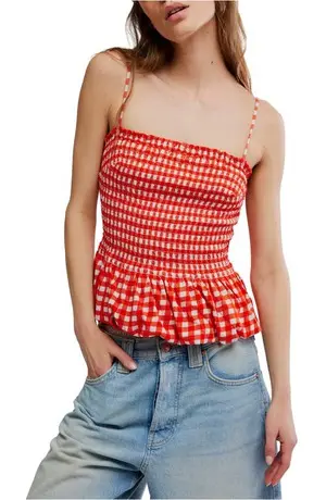 Free People Gingham Peplum Tank - Red Combo