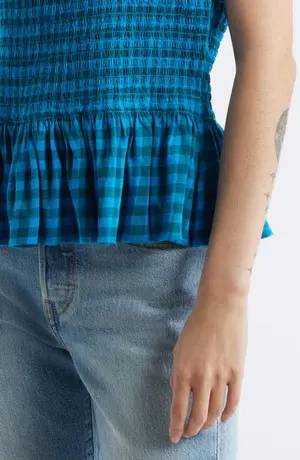 Free People Gingham Peplum Tank - Teal Combo