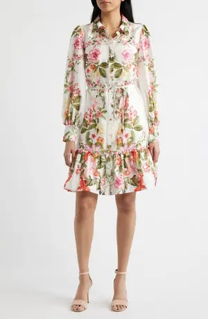 Julia Jordan Floral Shirtdress With Tie Belt - Ivory Multi