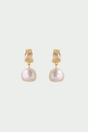 TUTTI Textured Hoop Freshwater Pearl Drop Earrings - Gold