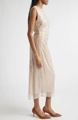 Veronica Beard Kimberly Side Ruched Sequin Sheath Dress - Champagne