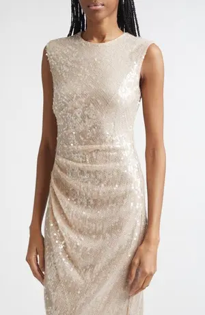 Veronica Beard Kimberly Side Ruched Sequin Sheath Dress - Champagne