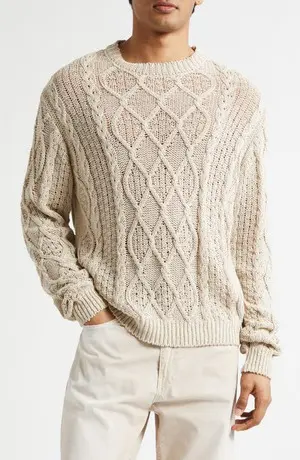 STOCKHOLM SURFBOARD CLUB Aran Cable Knit Cotton & Linen Sweater
