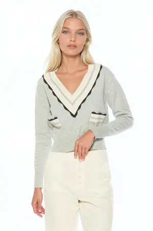 ALEXIA ADMOR Arden Deep V Contrast Trim Cardigan - Grey