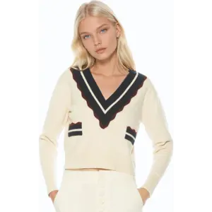 ALEXIA ADMOR Arden Deep V Contrast Trim Cardigan - Ivory