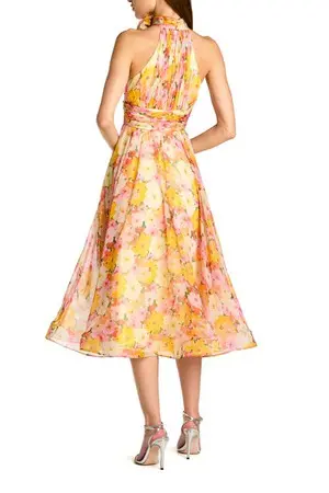 Mac Duggal Printed Chiffon Mock Neck Midi Dress