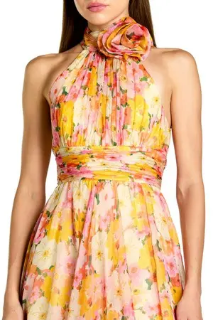 Mac Duggal Printed Chiffon Mock Neck Midi Dress