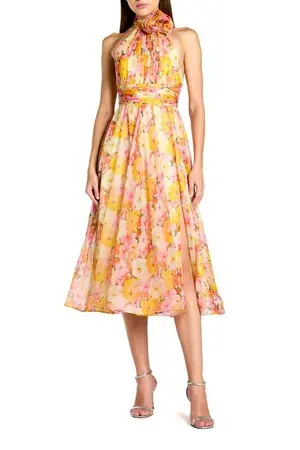 Mac Duggal Printed Chiffon Mock Neck Midi Dress - Yellow Multi