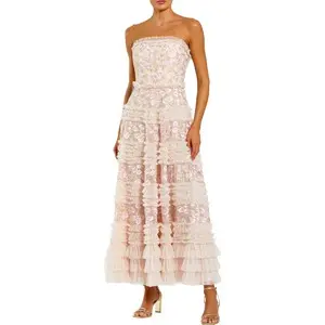 Mac Duggal Floral Embroidered Strapless Ruffle Midi Dress