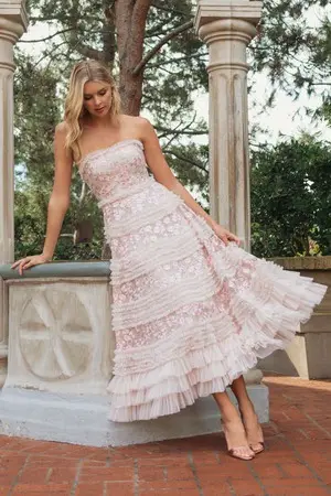 Mac Duggal Floral Embroidered Strapless Ruffle Midi Dress