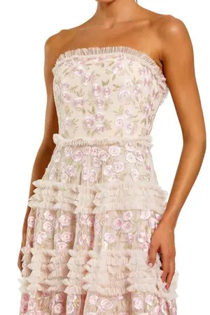Mac Duggal Floral Embroidered Strapless Ruffle Midi Dress