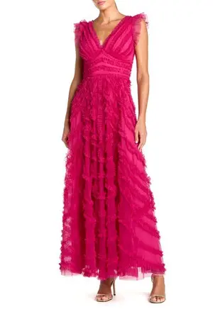 Mac Duggal V-neck Ruffle Maxi Dress