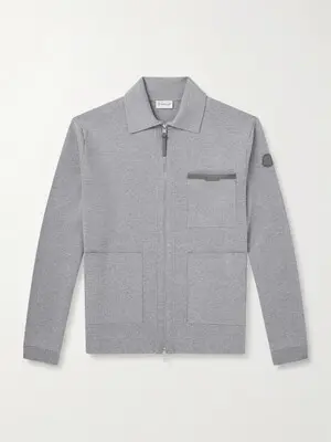 Moncler MONCLER Leather-Trimmed Virgin Wool Zip-Up Cardigan Gray