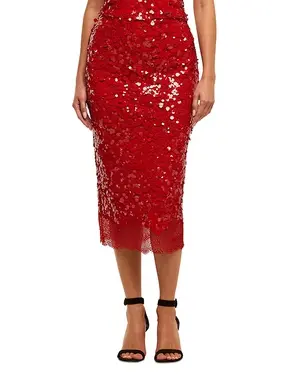 L'AGENCE Makena Sequin Pencil Skirt - Red Sequin