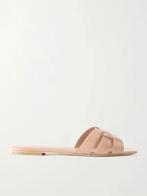 SAINT LAURENT Tribute Woven Patent-Leather Slides