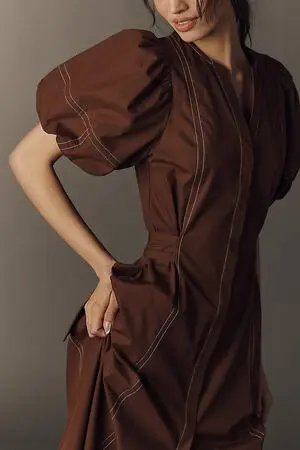 EXQUISE Stitched Puff-sleeve Midi Dress