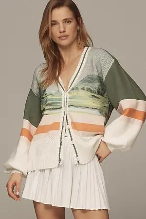 DAILY PRACTICE Balloon Sleeve Cardigan Sweater - Green Pattern